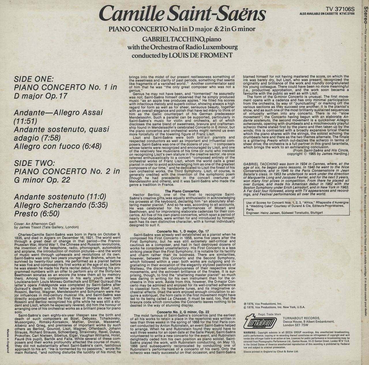Camille Saint-Saëns Piano Concertos No. 1 & 2 UK Vinyl LP — RareVinyl.com