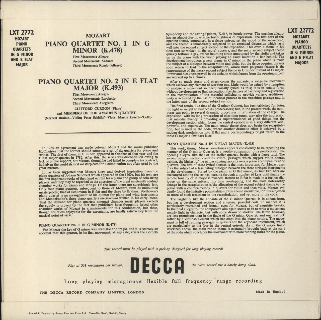 Wolfgang Amadeus Mozart Mozart: Piano Quartet No. 1 In G Minor / Piano — RareVinyl.com