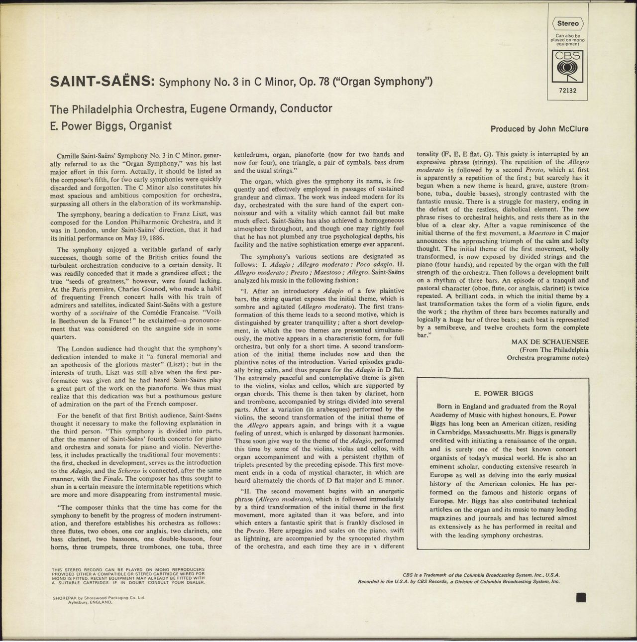 Camille Saint-Saëns Organ Symphony (No.3 In C Minor Op. 78) UK Vinyl L ...