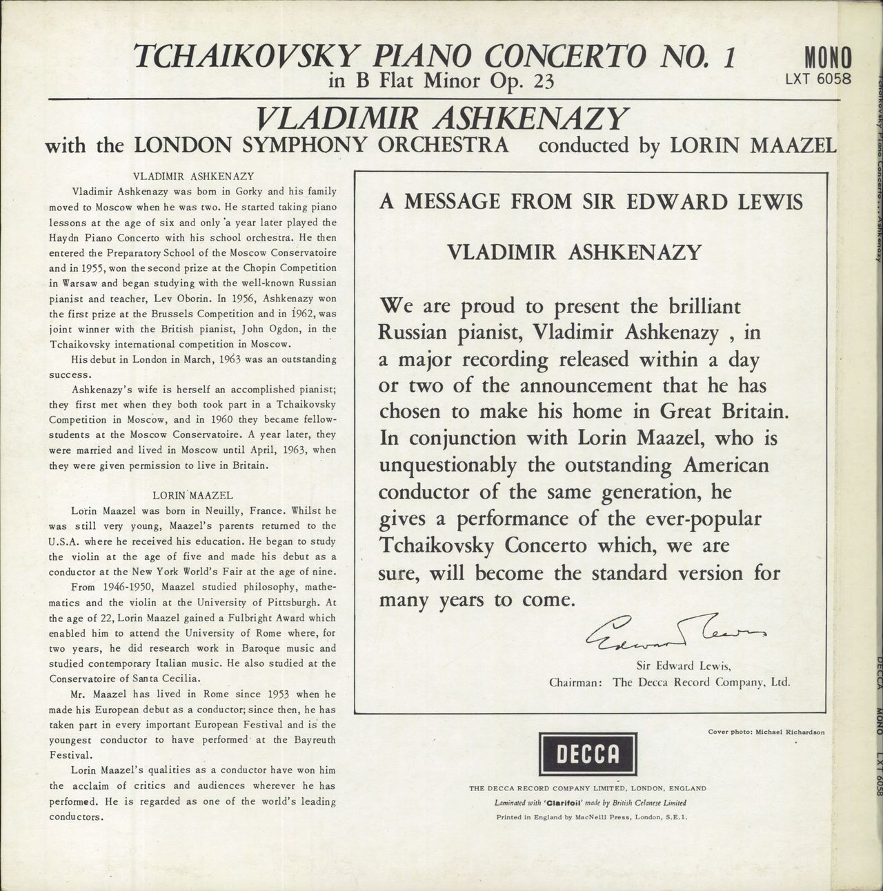 Vladimir Ashkenazy Tchaikovsky: Piano Concerto No. 1 UK Vinyl LP — RareVinyl.com